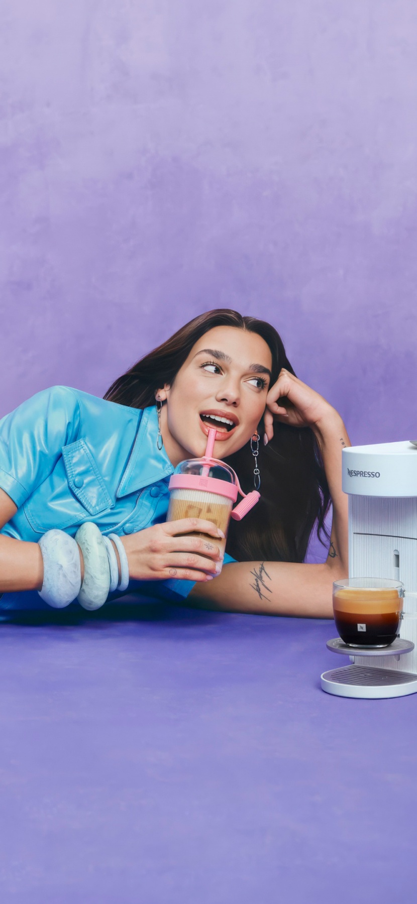 Dua Lipa for Nespresso, Sipping Coffee from a Tumbler 4K UHD Wallpaper ...
